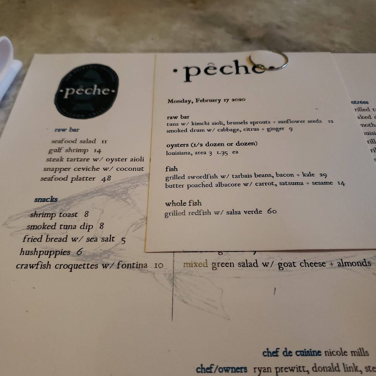 Menu at Pêche Seafood Grill restaurant, New Orleans