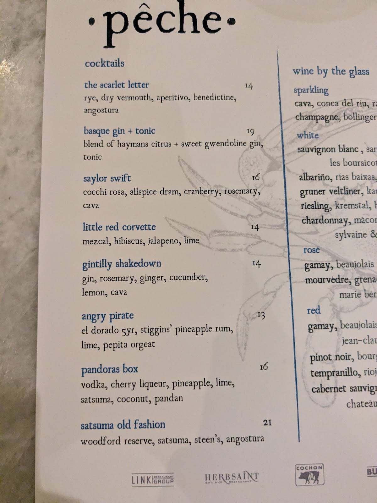 Menu at Pêche Seafood Grill restaurant, New Orleans