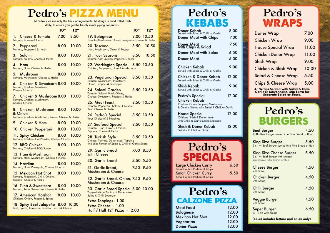Menu at Pedro's Workington fast food, Workington
