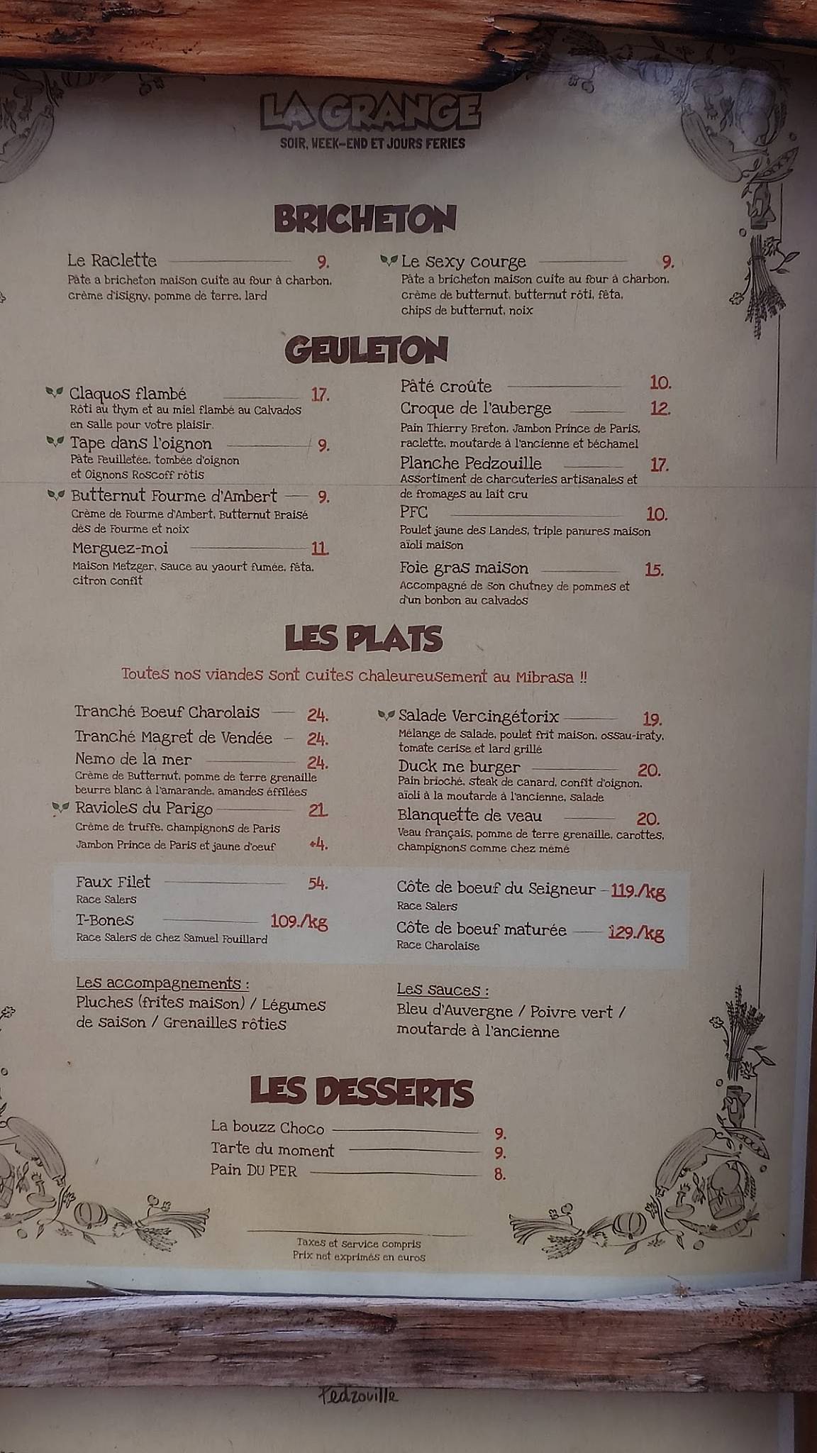 Pedzouille La Grange Menu
