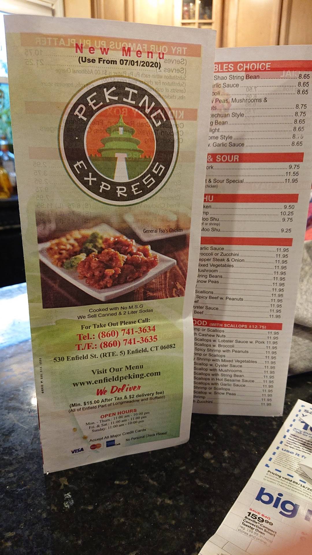 Menu at Peking Express Restaurant, Enfield, 530 Enfield St