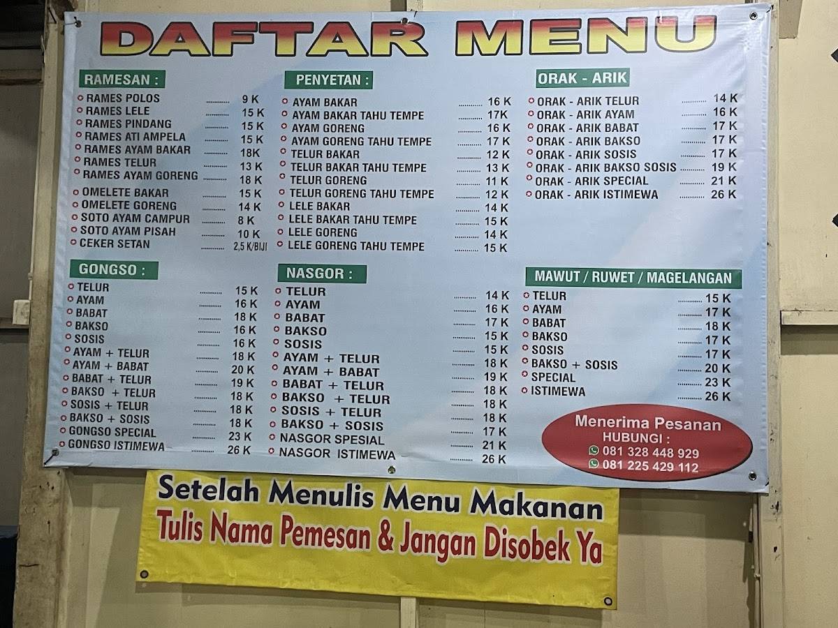 Carta del restaurante Penyet Bu Nur, Semarang