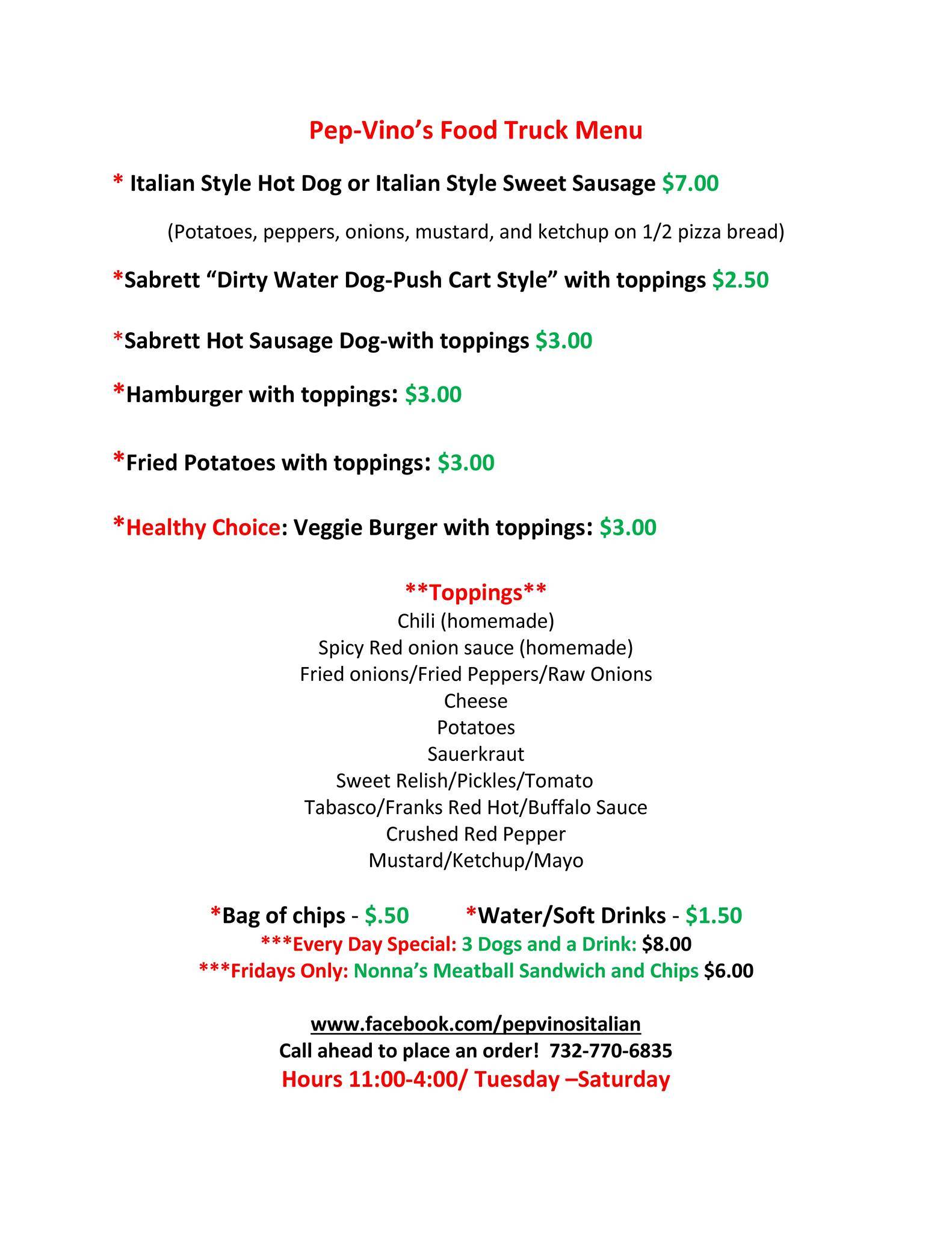 Menu at Pep-Vino's Italian Style hot dogs & more restaurant, Brick
