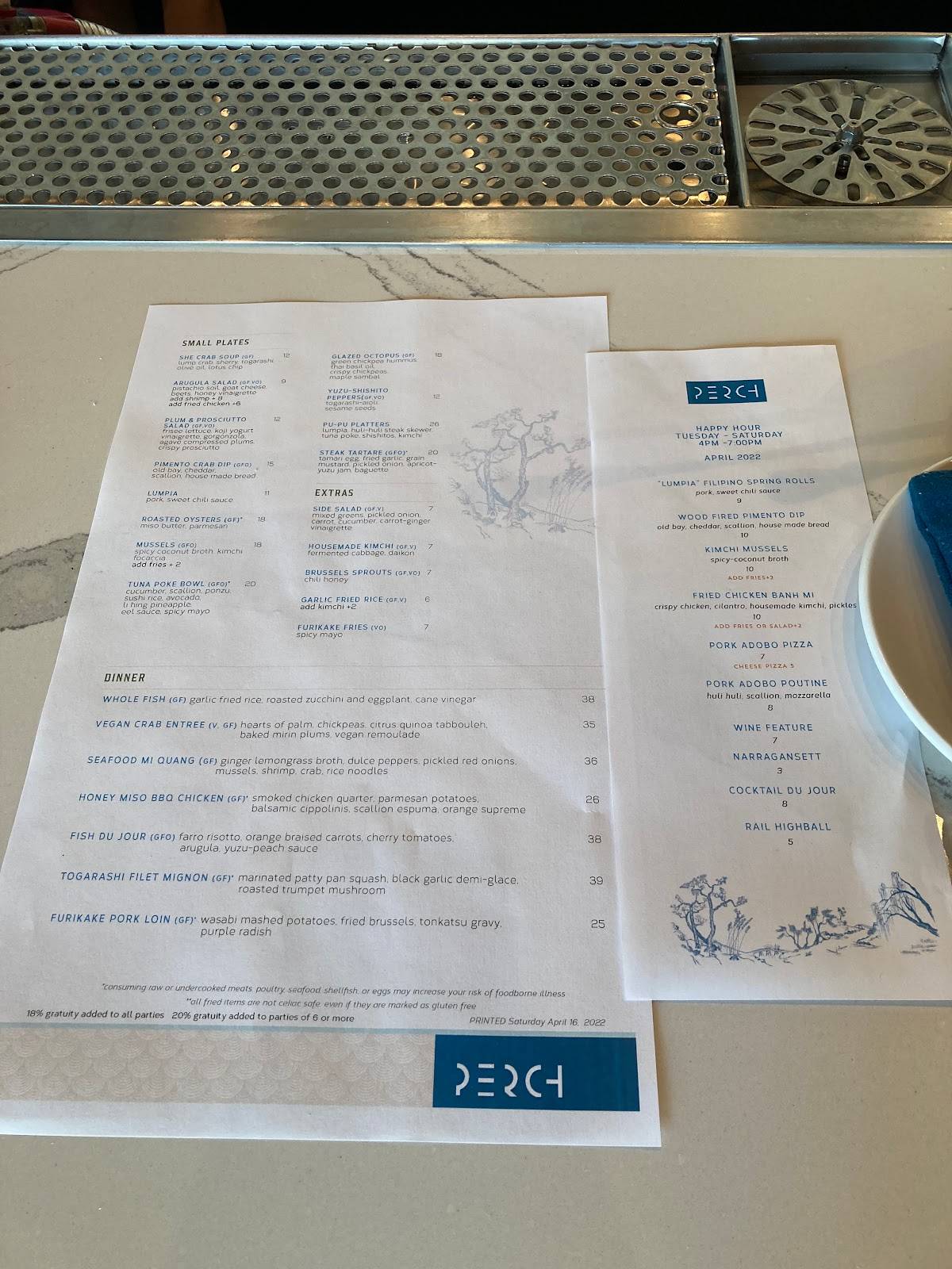 Menu at Perch restaurant, Richmond