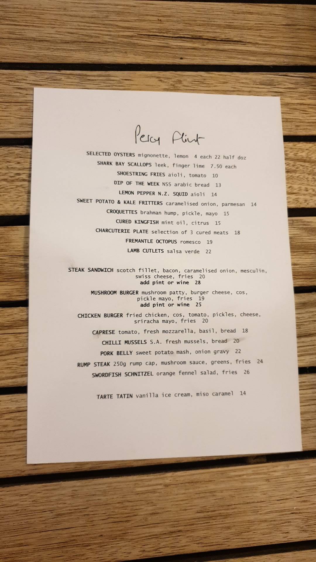 Menu at Percy Flint pub & bar, South Fremantle