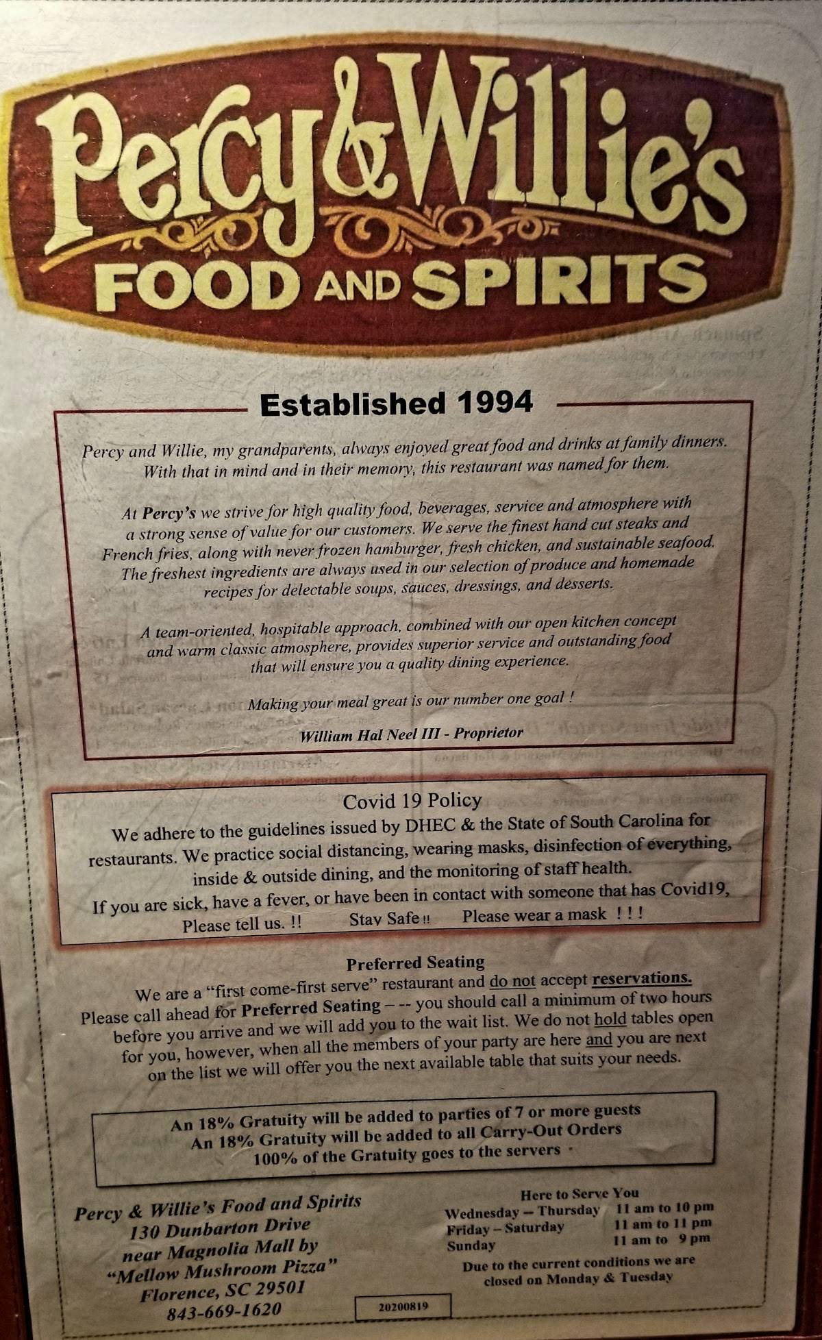 Menu at Percy & Willies restaurant, Florence, 130 Dunbarton Dr