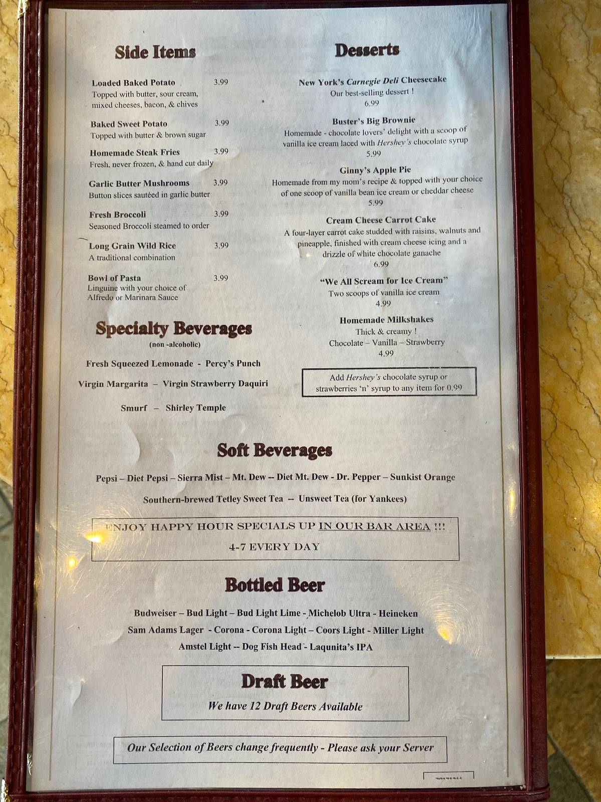 Menu at Percy & Willies restaurant, Florence, 130 Dunbarton Dr
