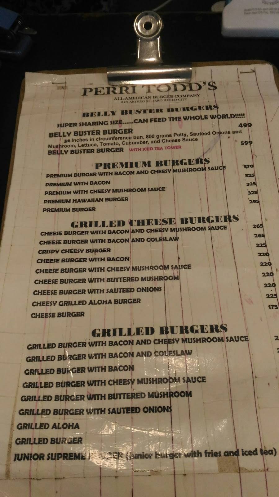 Carta del restaurante Perri Todd's Grilled Hamburger, Iloílo, PHF3+RQ8