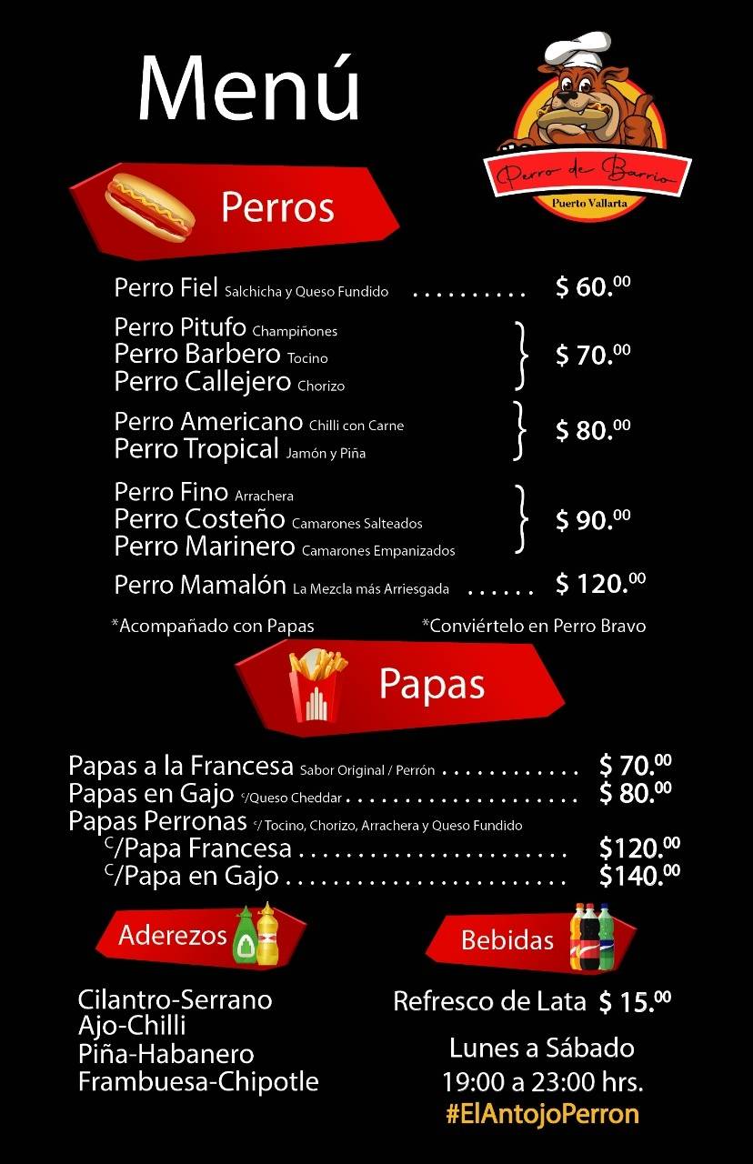 Menu at Perro de Barrio, Puerto Vallarta