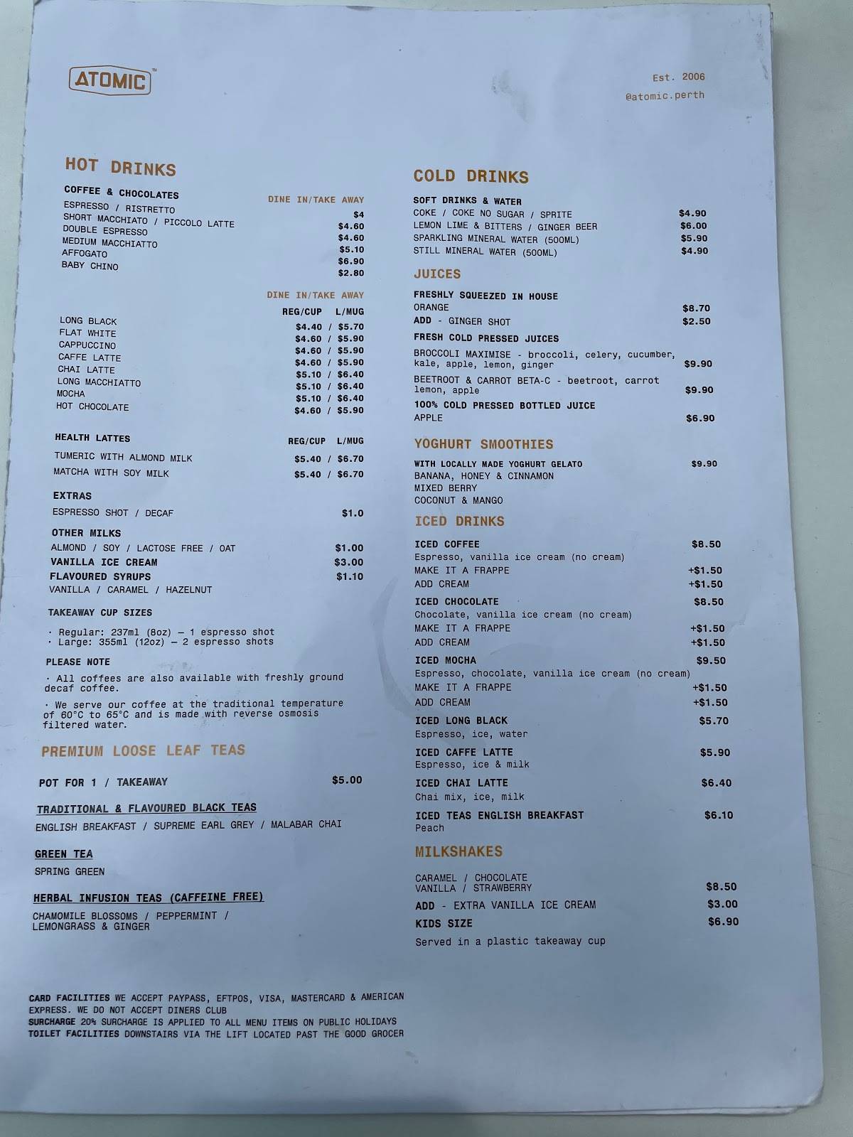Menu at Atomic cafe, South Perth