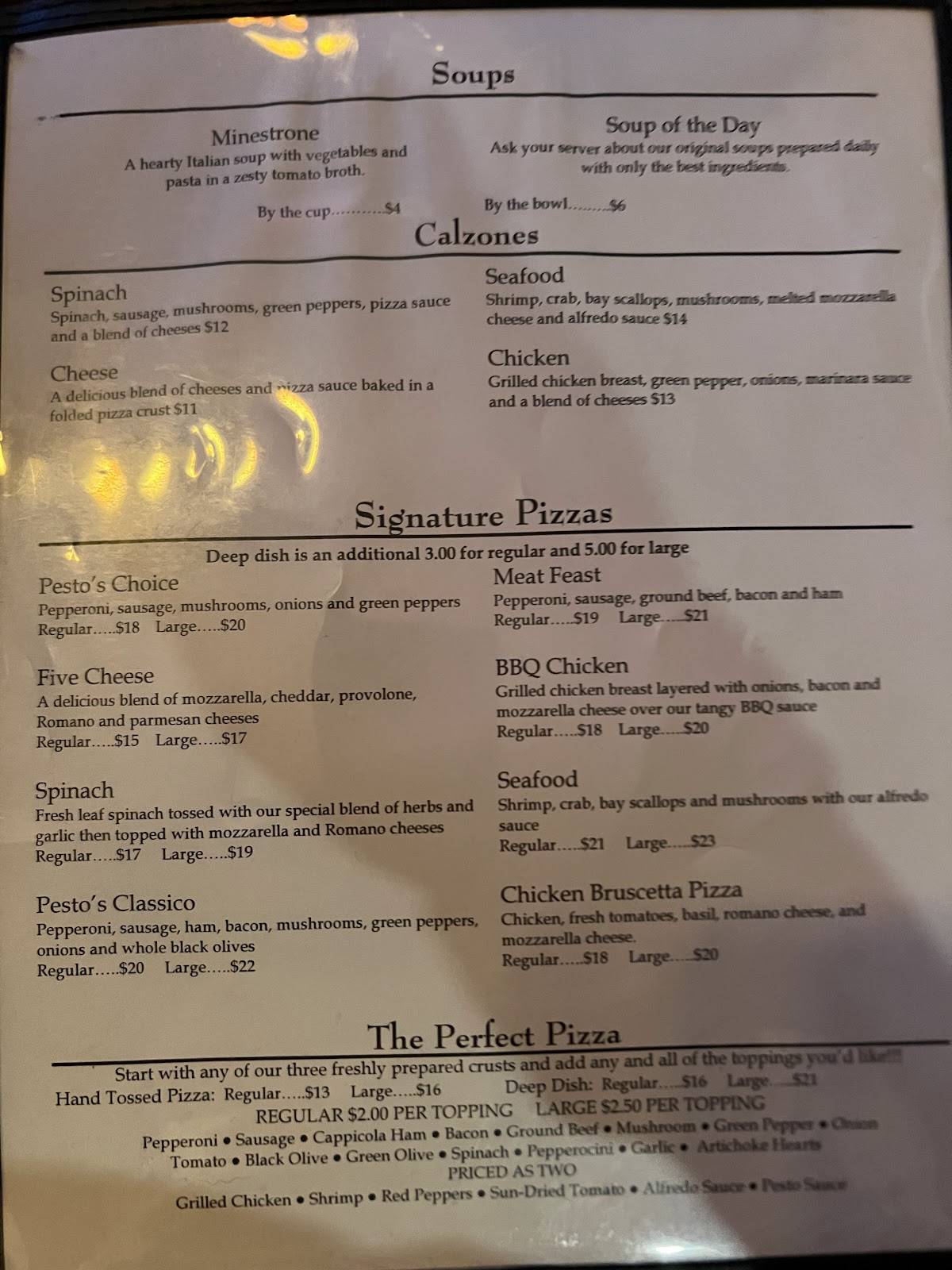 Menu at Pesto's Italian Restaurant, Valparaiso