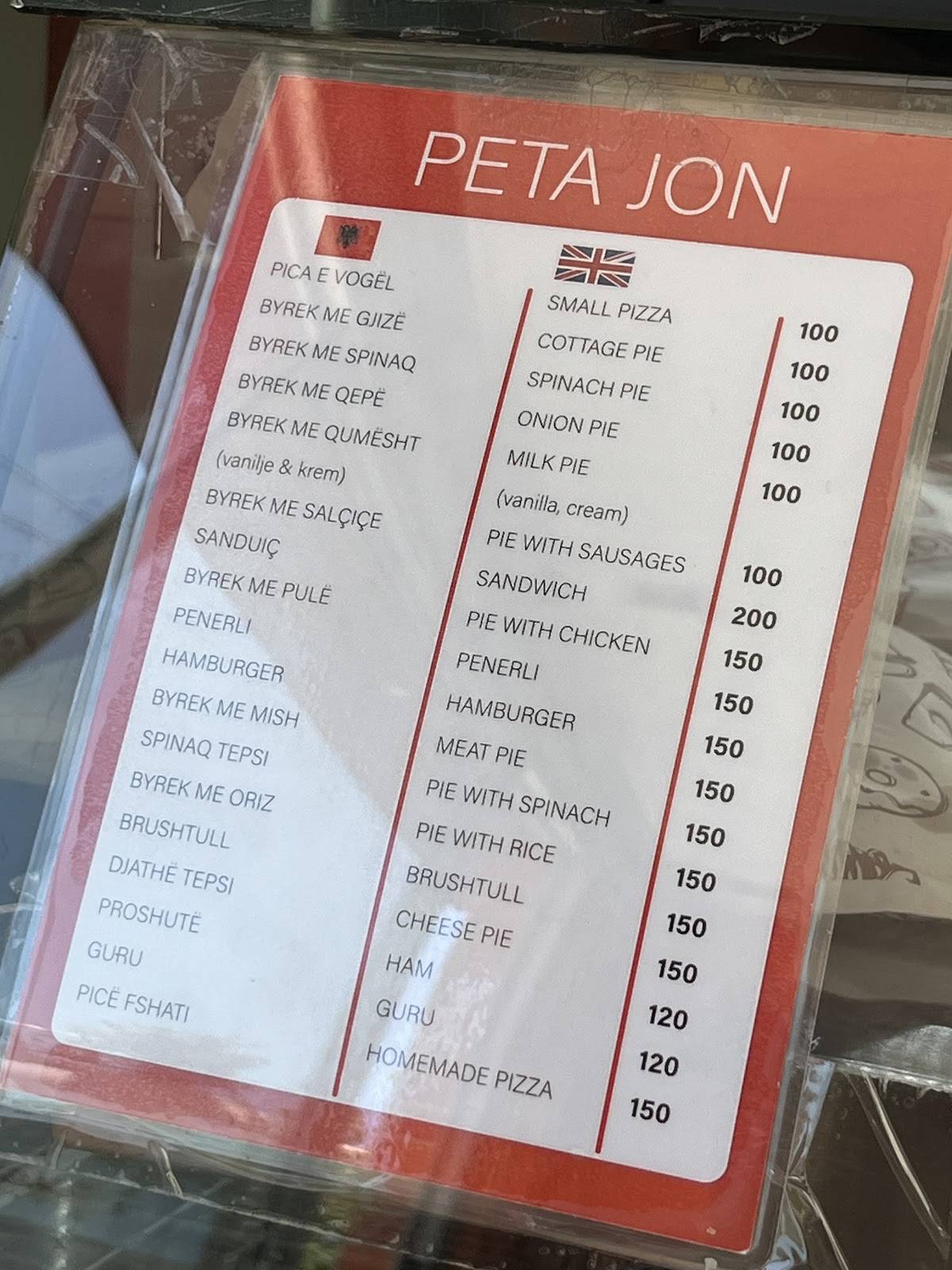 Menu au Peta Jon, Saranda