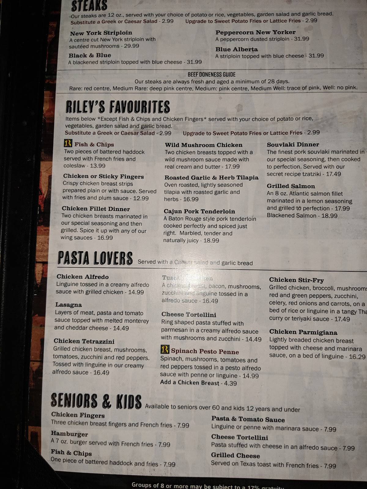 Menu at Riley's Pub, Peterborough