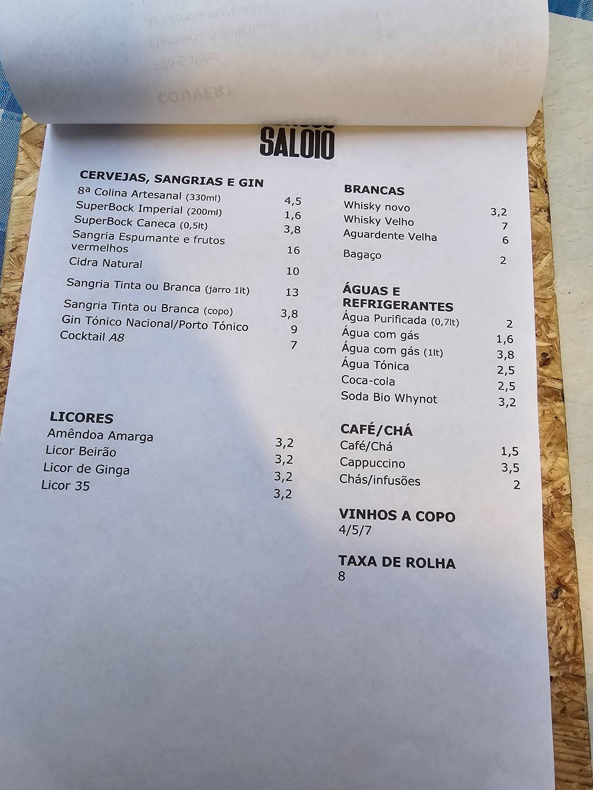 Menu at Petisco Saloio restaurant, Lisbon