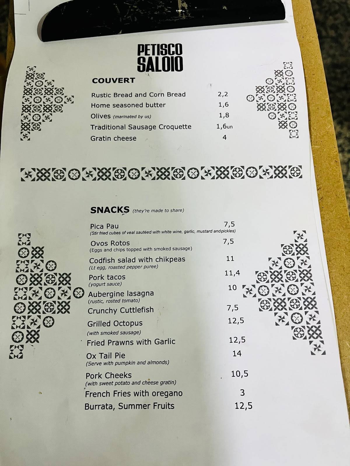 Menu em Petisco Saloio restaurante, Lisboa