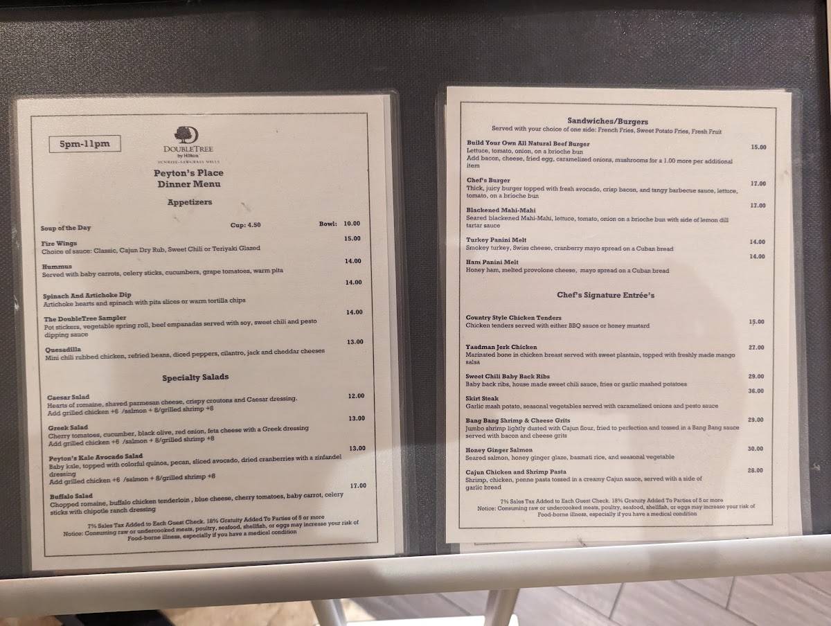 Menu at Peyton's Place restaurant, Sunrise