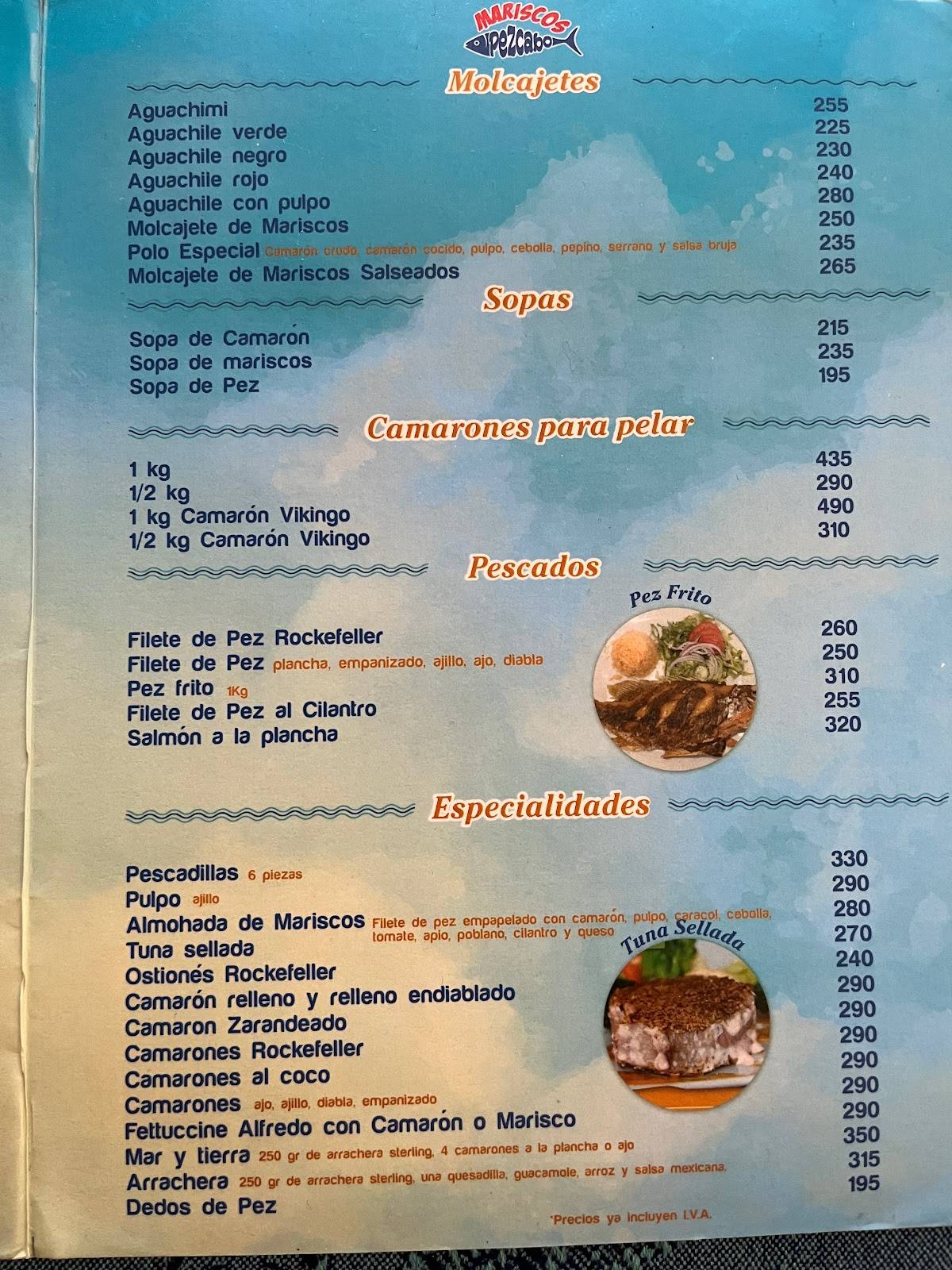 Menu at Pezcabo restaurant, Cabo San Lucas