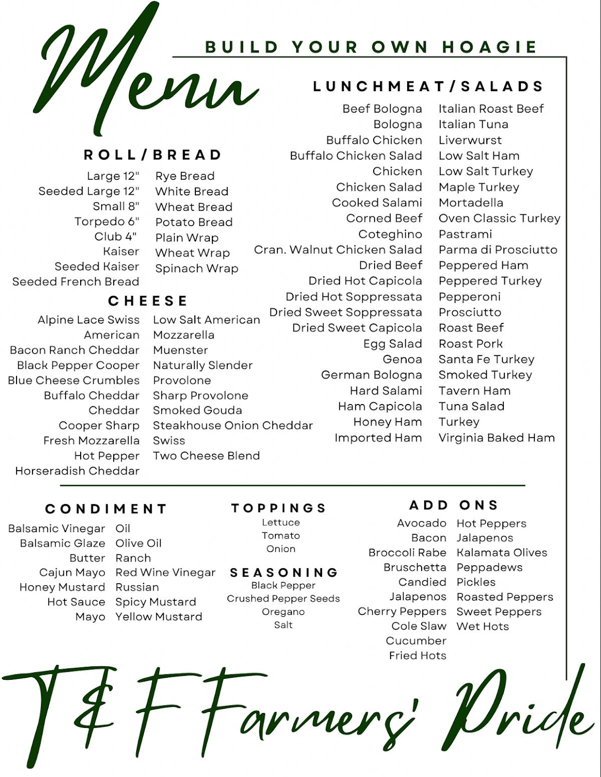 Menu at T & F Farmers' Pride cafe, Philadelphia