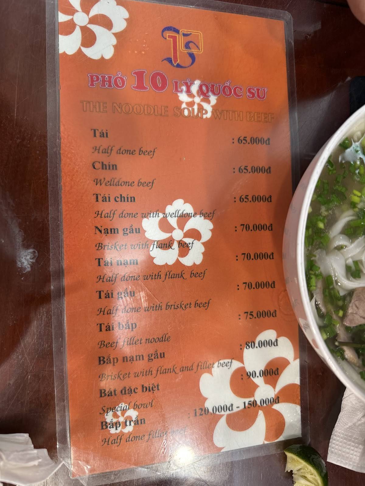 Menu at Pho 10 Ly Quoc Su restaurant, Hanoi, 10 P. Lý Quốc Sư