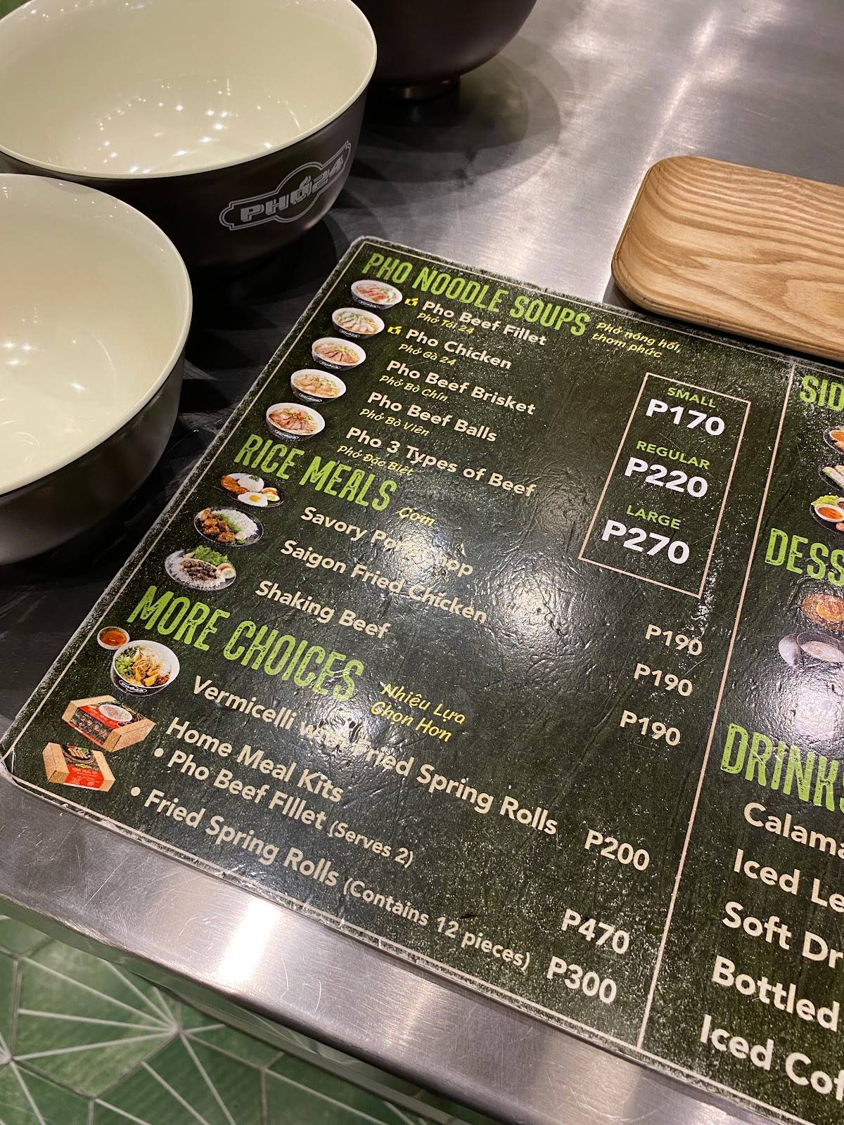 Menu at Pho 24 restaurant, Manila