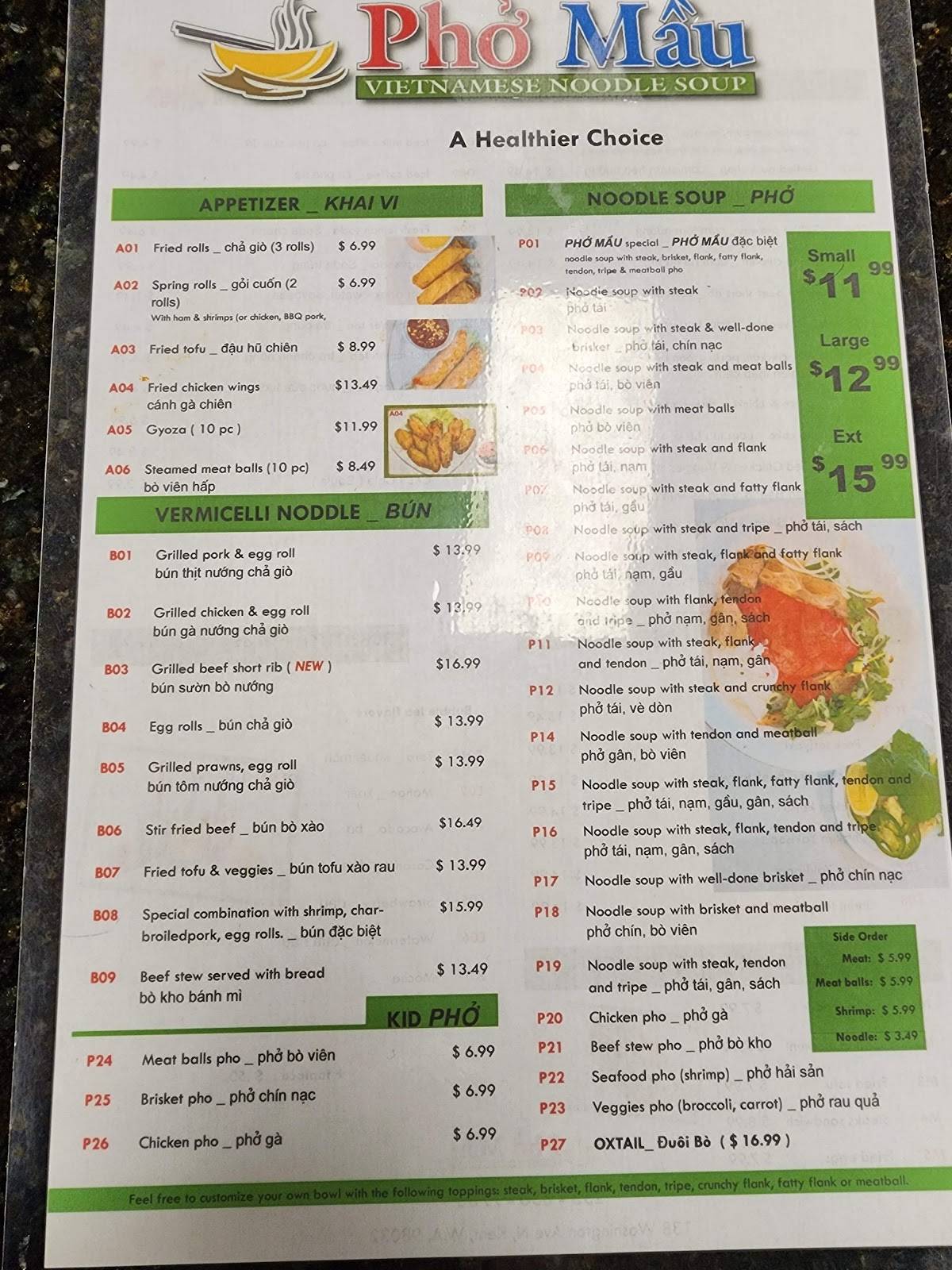 Menu at Pho Mau restaurant, Kent, 138 Washington Ave N