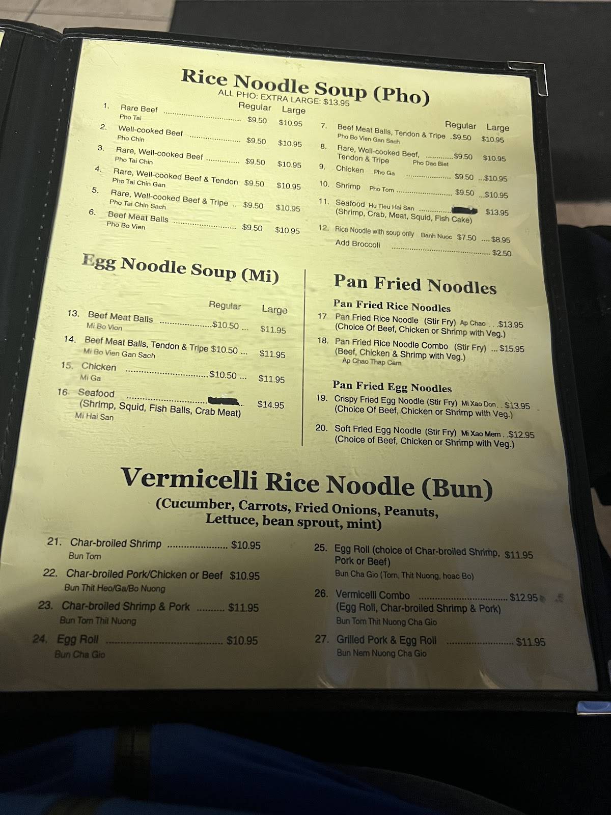 Menu at Phở Shiki restaurant, Columbus