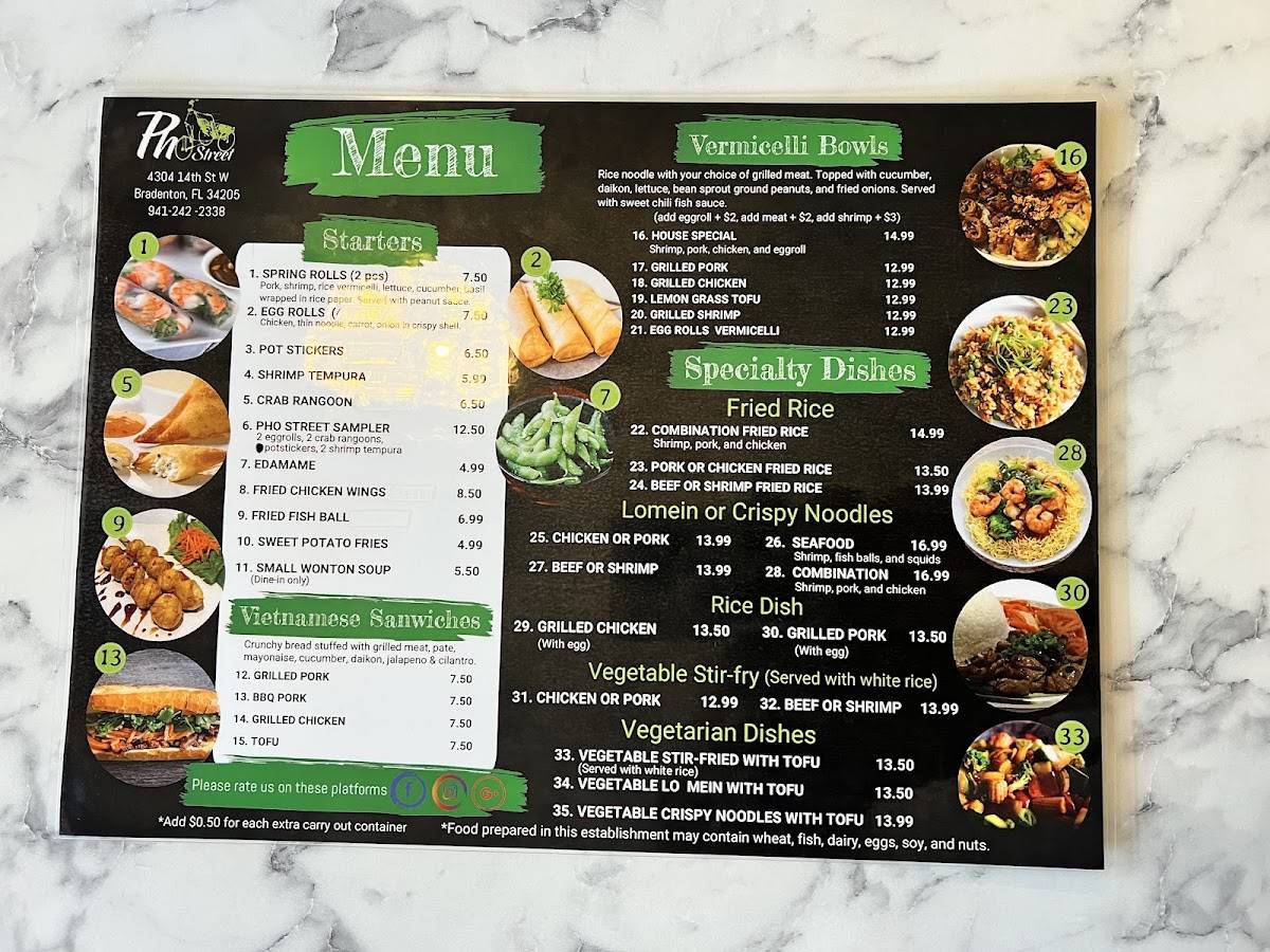 Menu at Pho Street restaurant, Bradenton