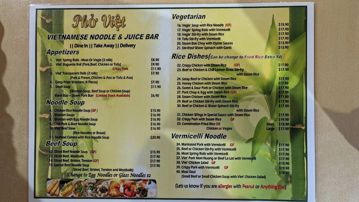 Menu at Pho Viet Vietnamese Noodle Bar, Cairns City, 5/78 Abbott St