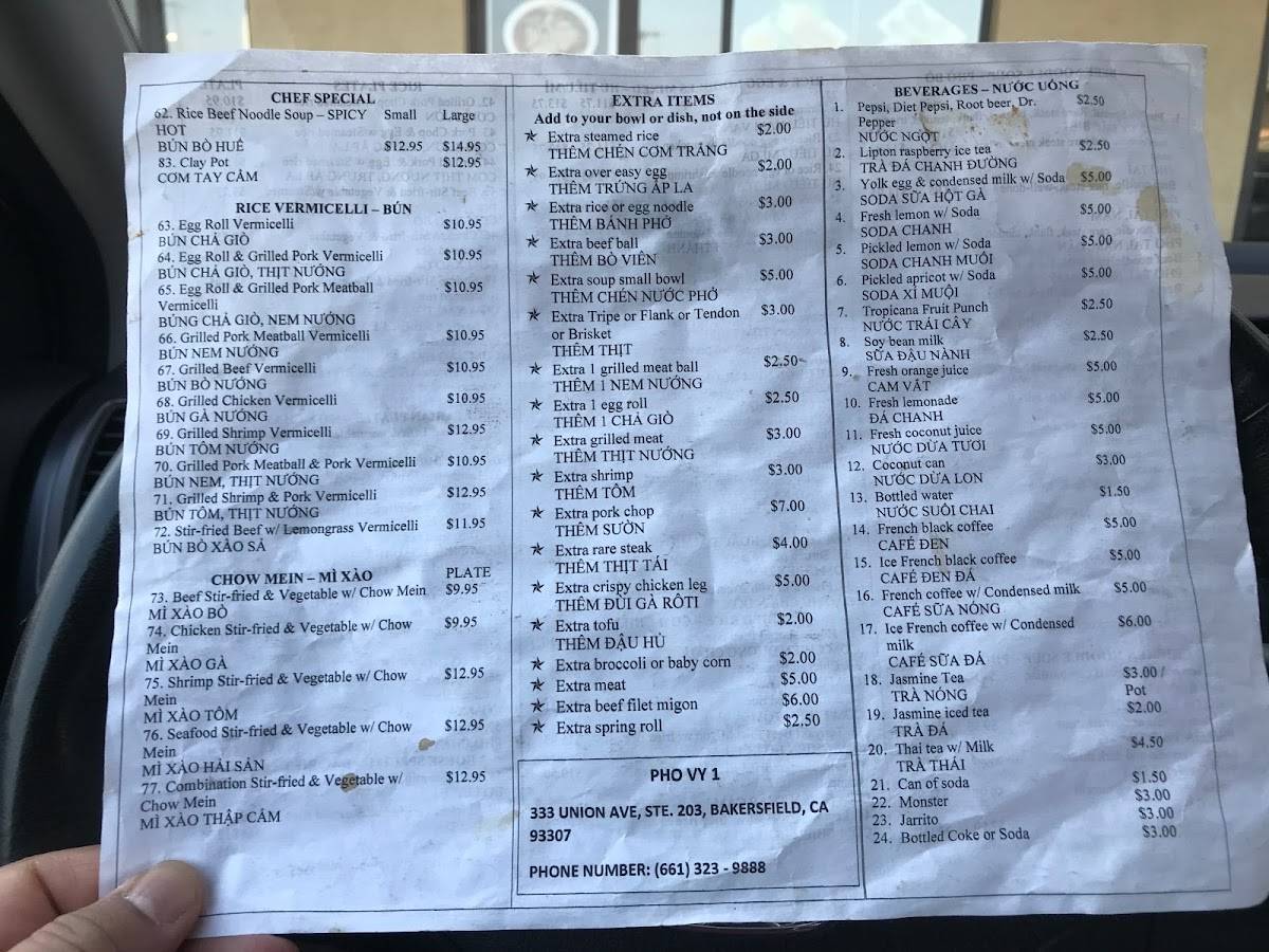 Menu at Pho Vy Restaurant, Bakersfield, 333 Union Ave