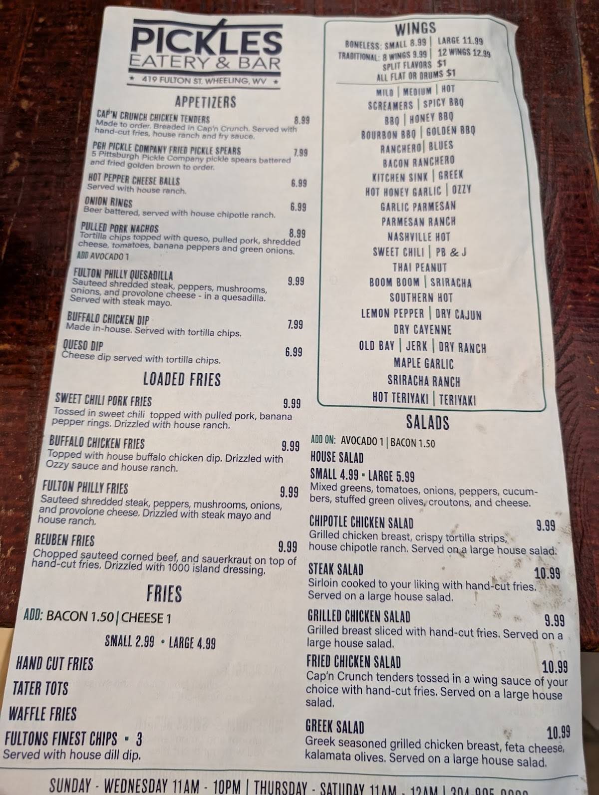Menu at Pickles Eatery & Bar, Wheeling