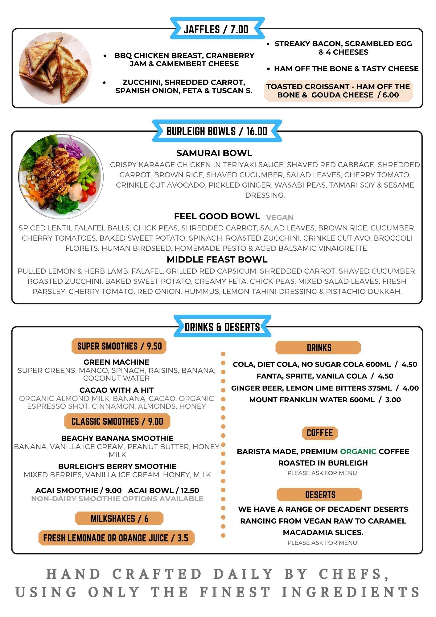 Menu at Pie Pie cafe, Burleigh Heads