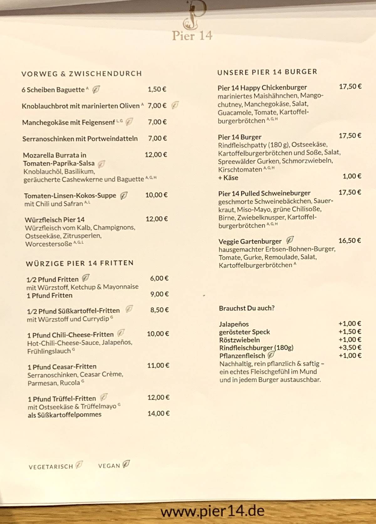 Speisekarte von Pier 14 Restaurant, Zinnowitz, Neue Strandstraße 36
