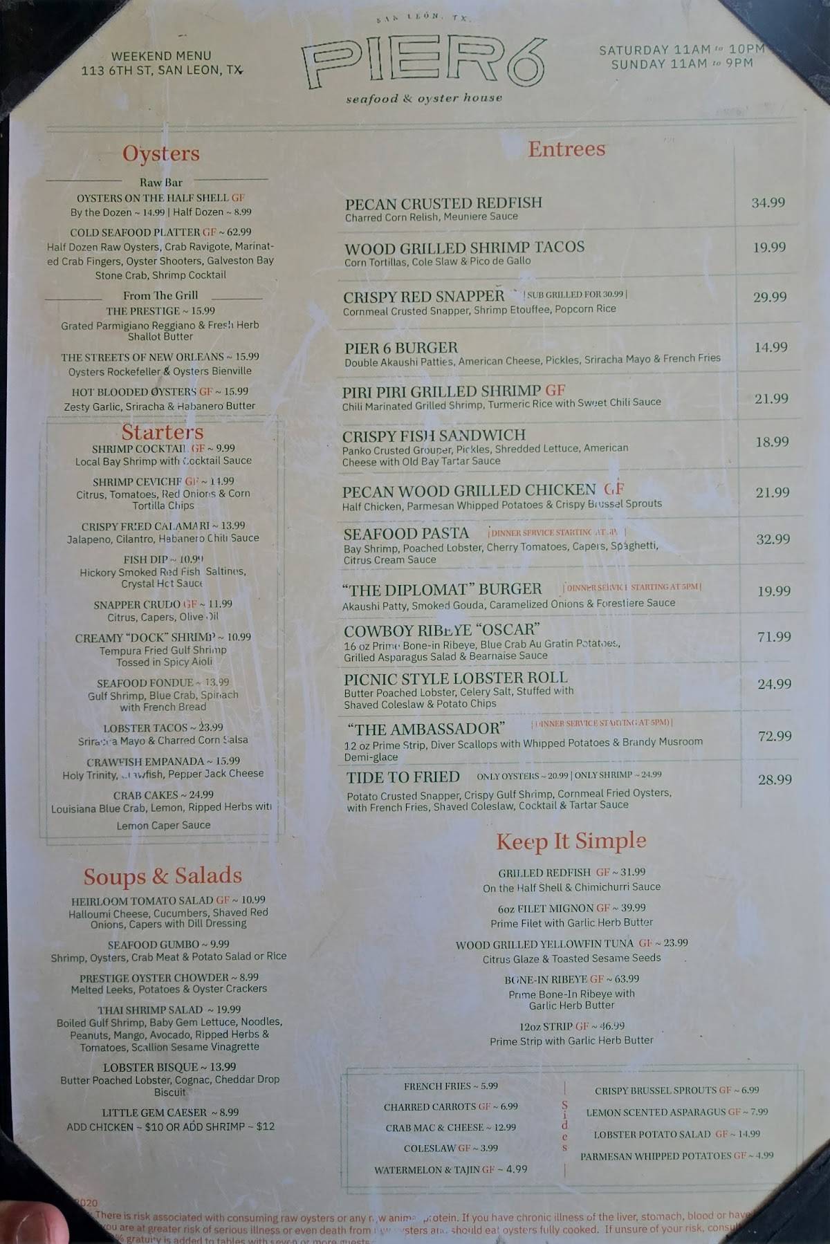 Menu at Pier 6 restaurant, San Leon