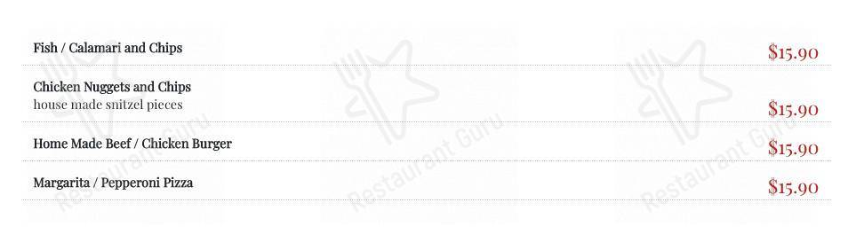 Menu at Pilpel Restaurant, Redcliffe