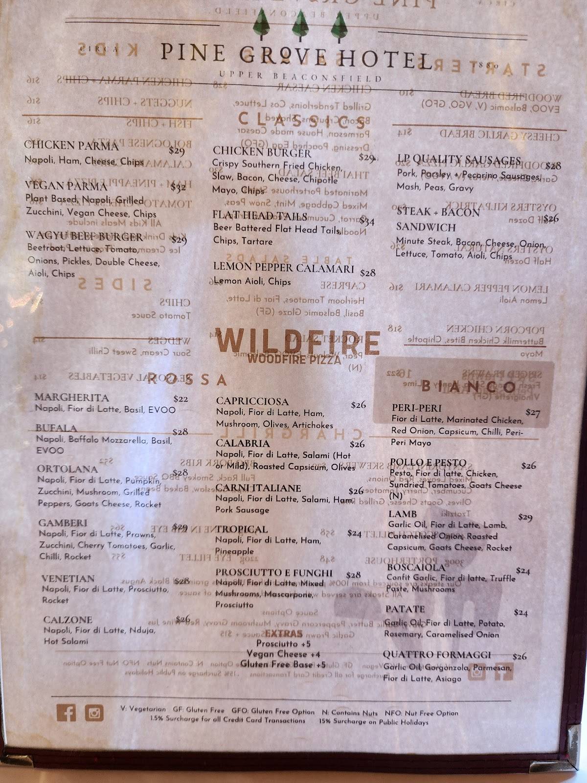 Menu at Pine Grove Hotel restaurant, Beaconsfield Upper