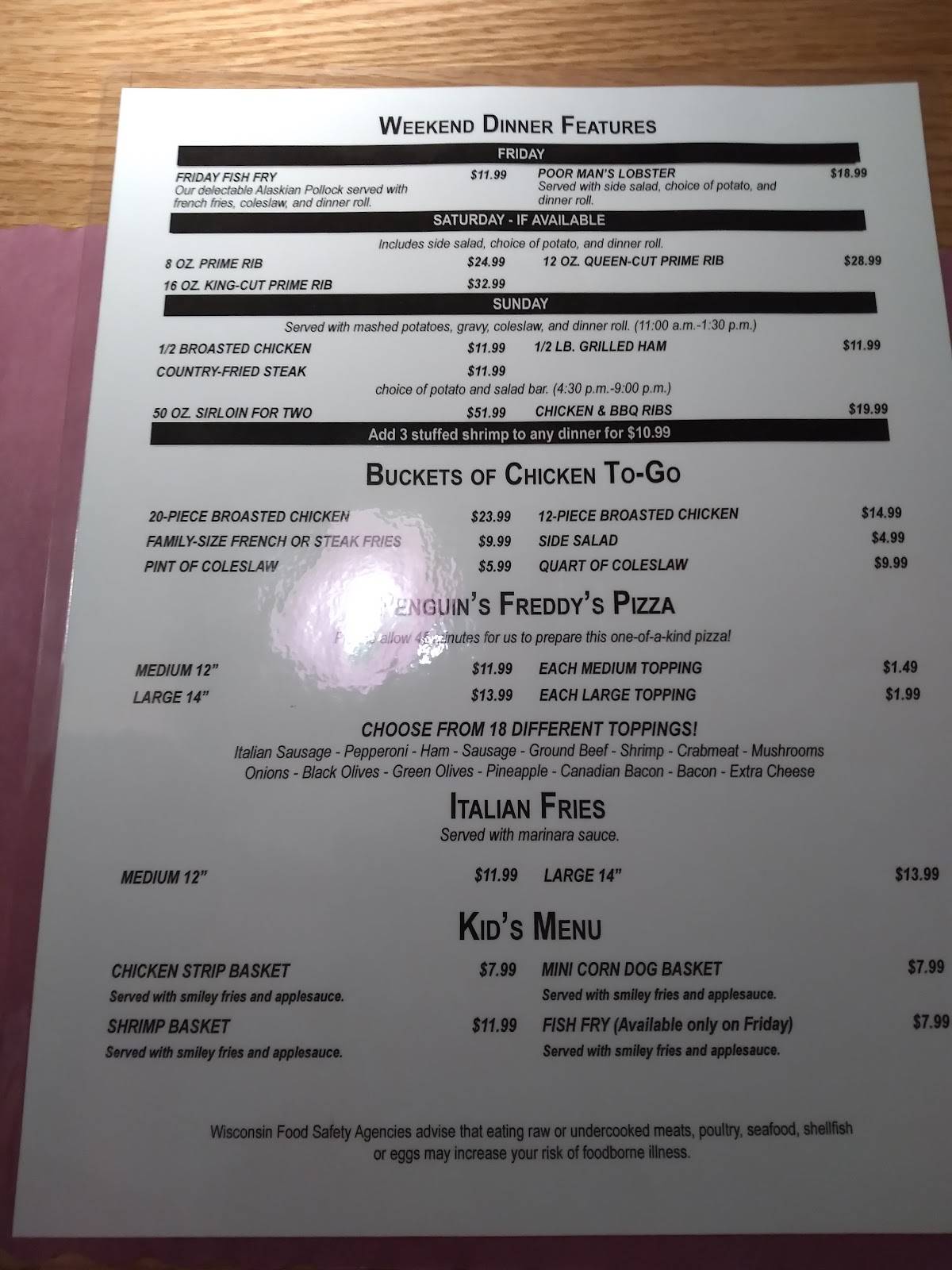Menu at Pine Tree Supper Club, Tomahawk