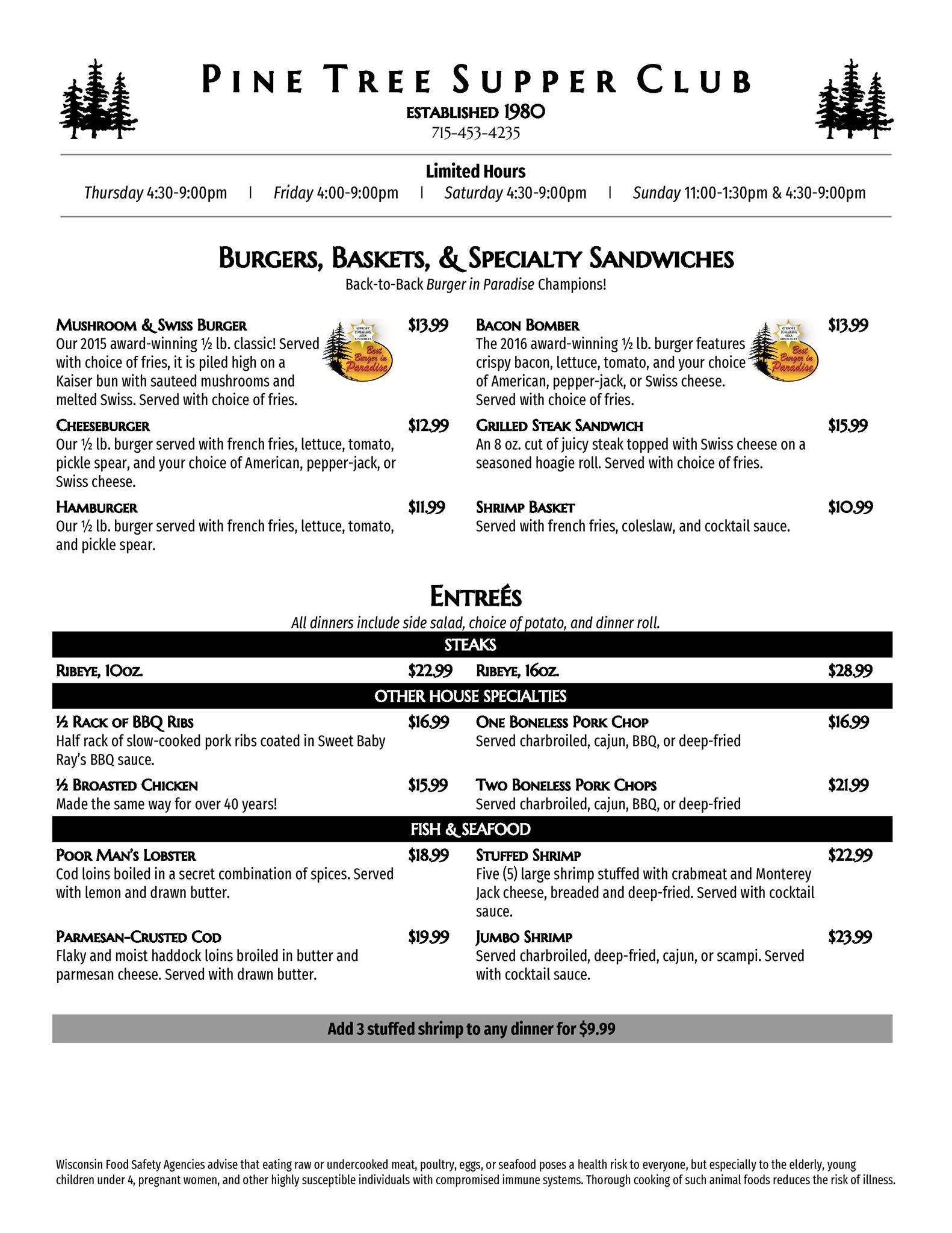 Menu at Pine Tree Supper Club, Tomahawk