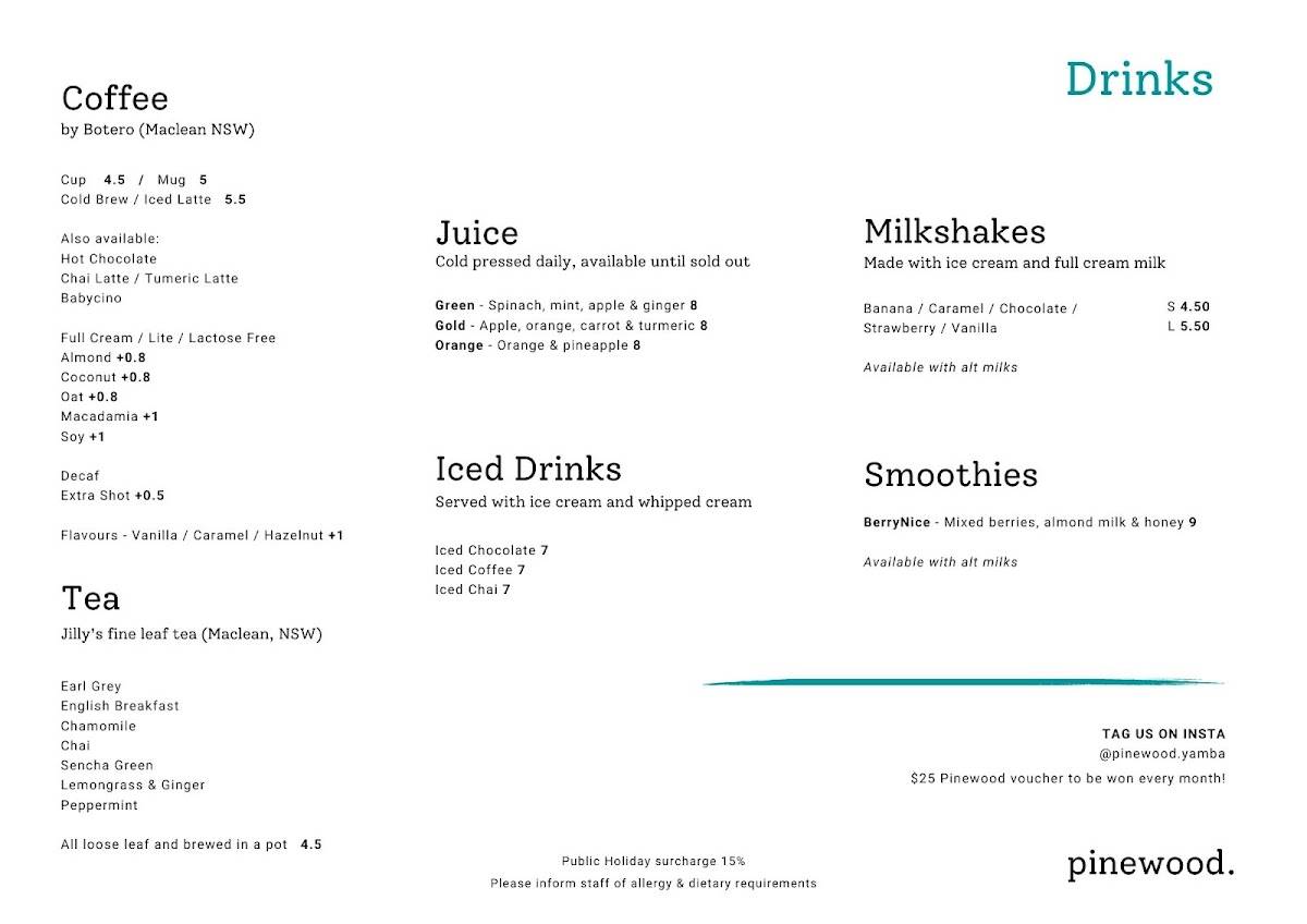Menu at Pinewood Corner Cafe, Yamba