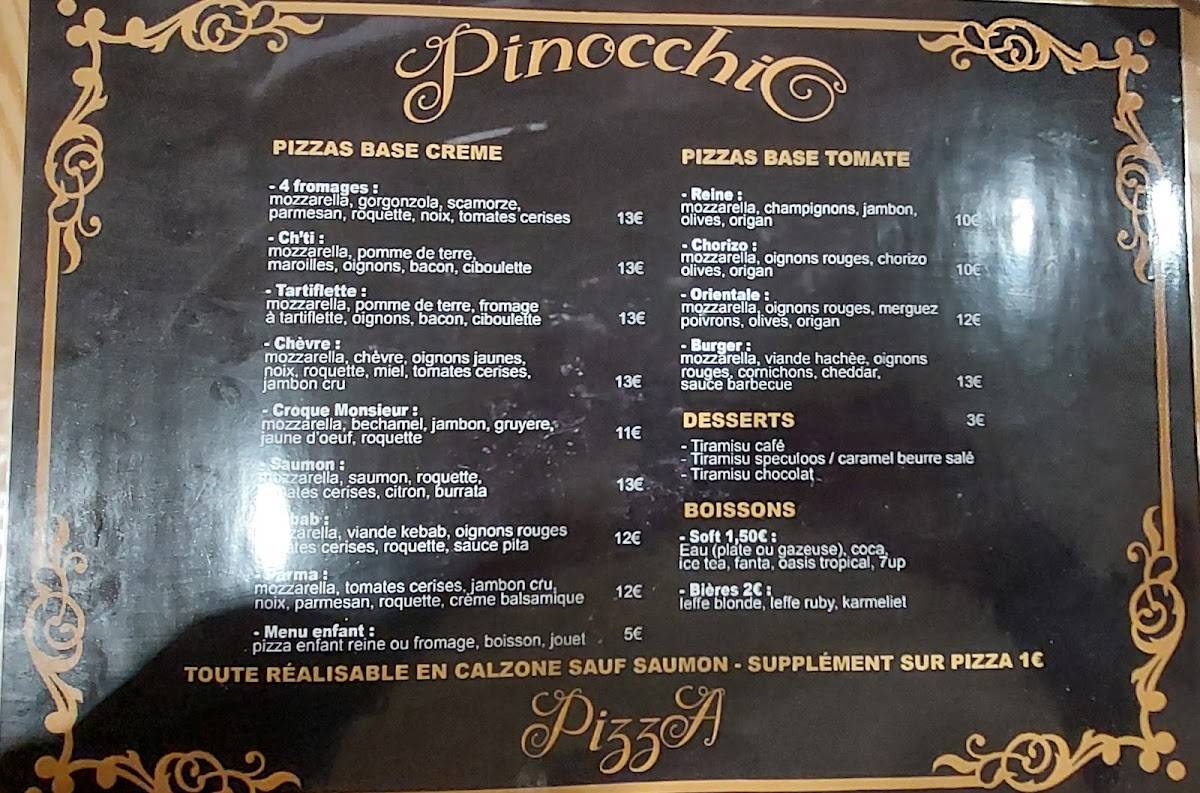 Menu au Pinocchio pizza restaurant, Billy-Montigny