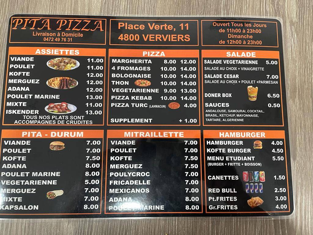 Menu au Pita Pizza Place verte, Verviers