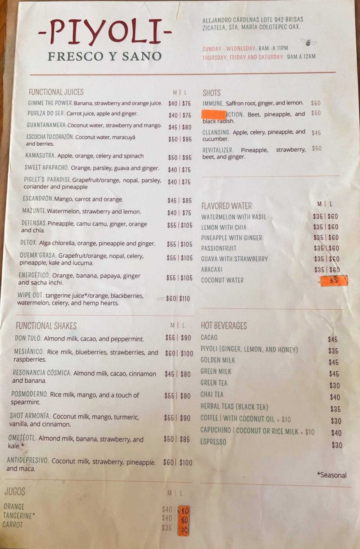 Carta del restaurante Piyoli Punta Zicatela, Puerto Escondido