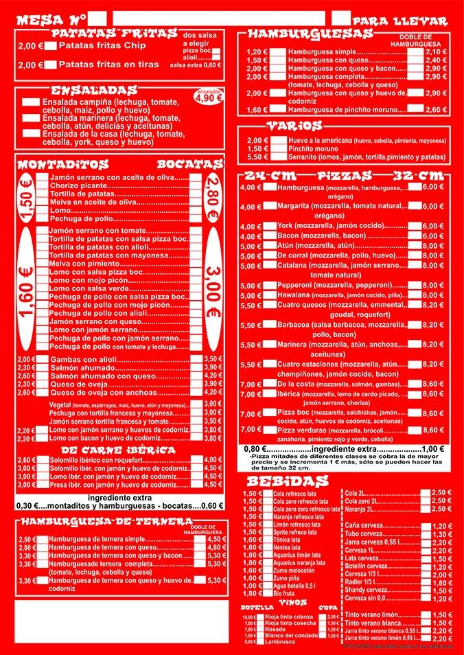 Carta del restaurante Pizza Boc, Aljaraque