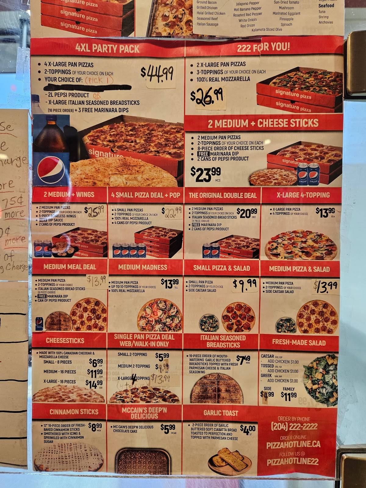 Menu at Pizza Hotline pizzeria, Winnipeg, 723 McPhillips St