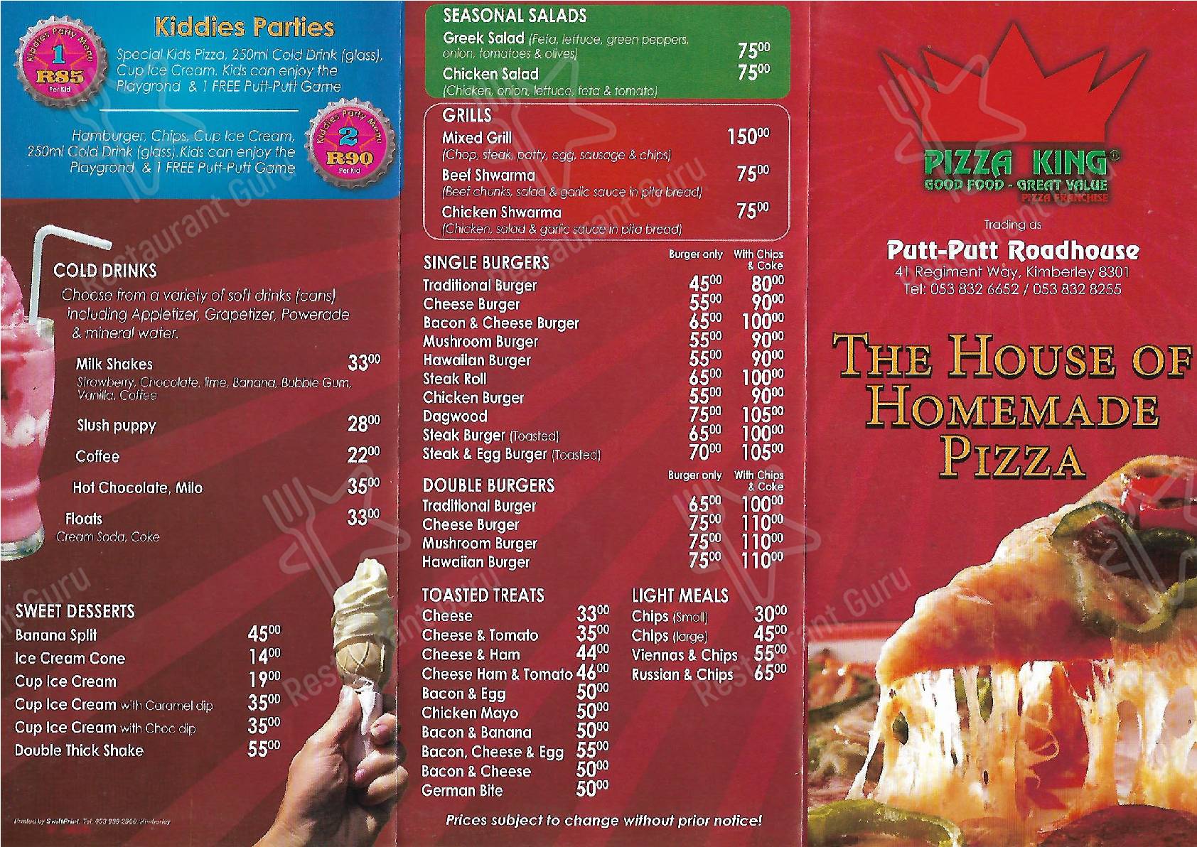Menu at Pizza King restaurant, Kimberley