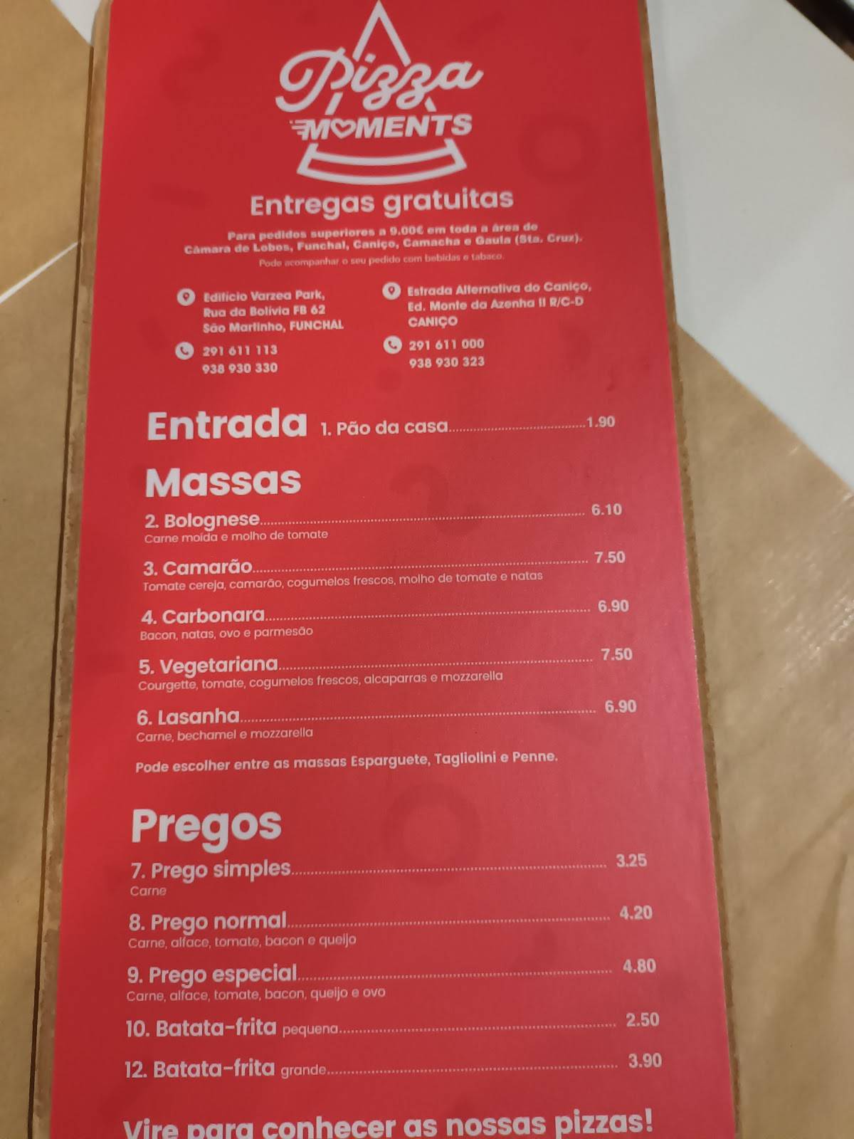 Menu em Pizza Moments ll restaurante, Caniço