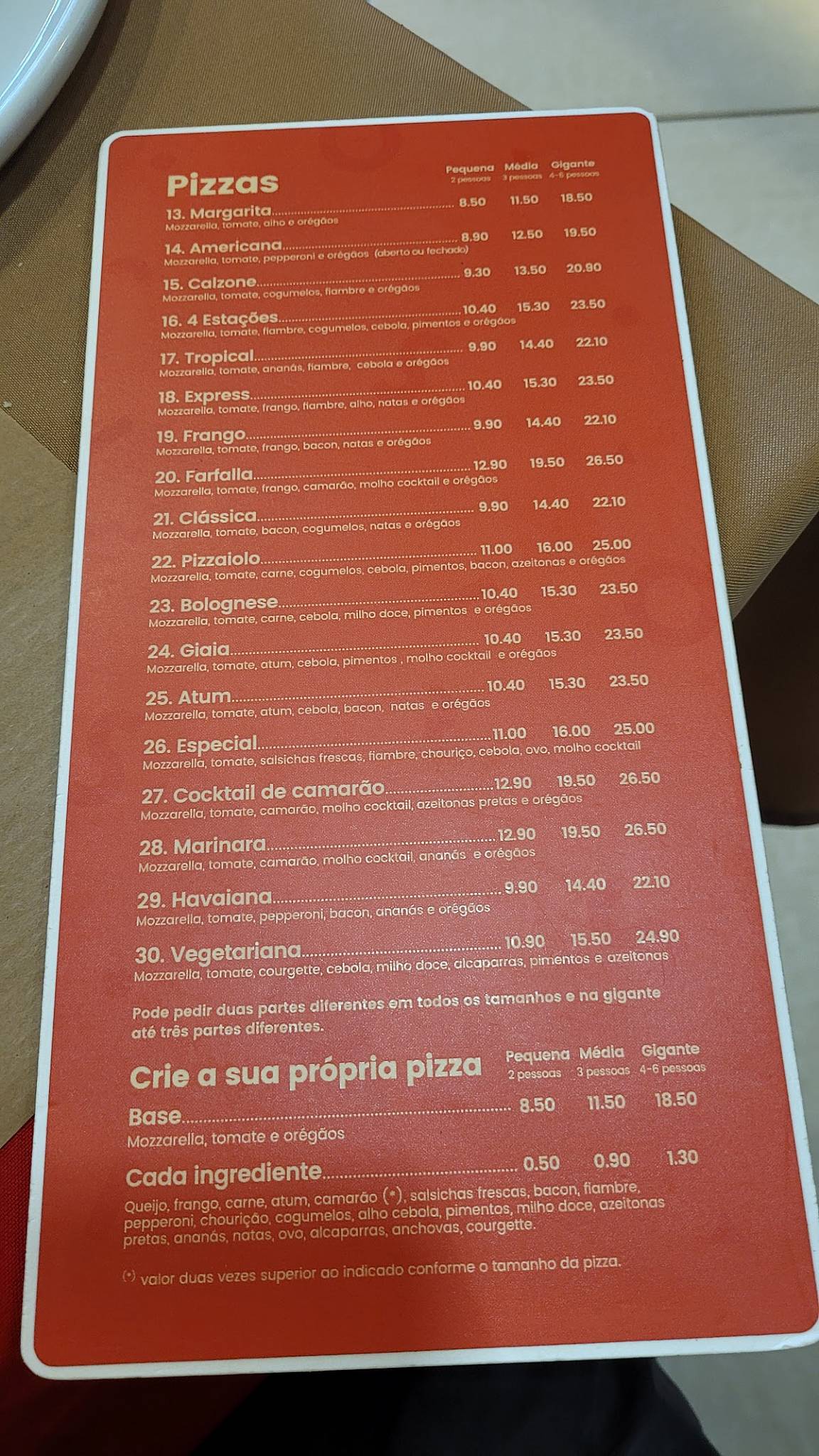 Menu em Pizza Moments ll restaurante, Caniço