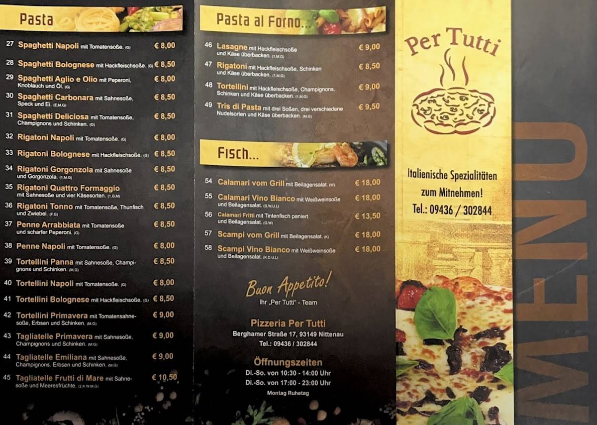 Speisekarte von Pizzeria Per Tutti, Nittenau