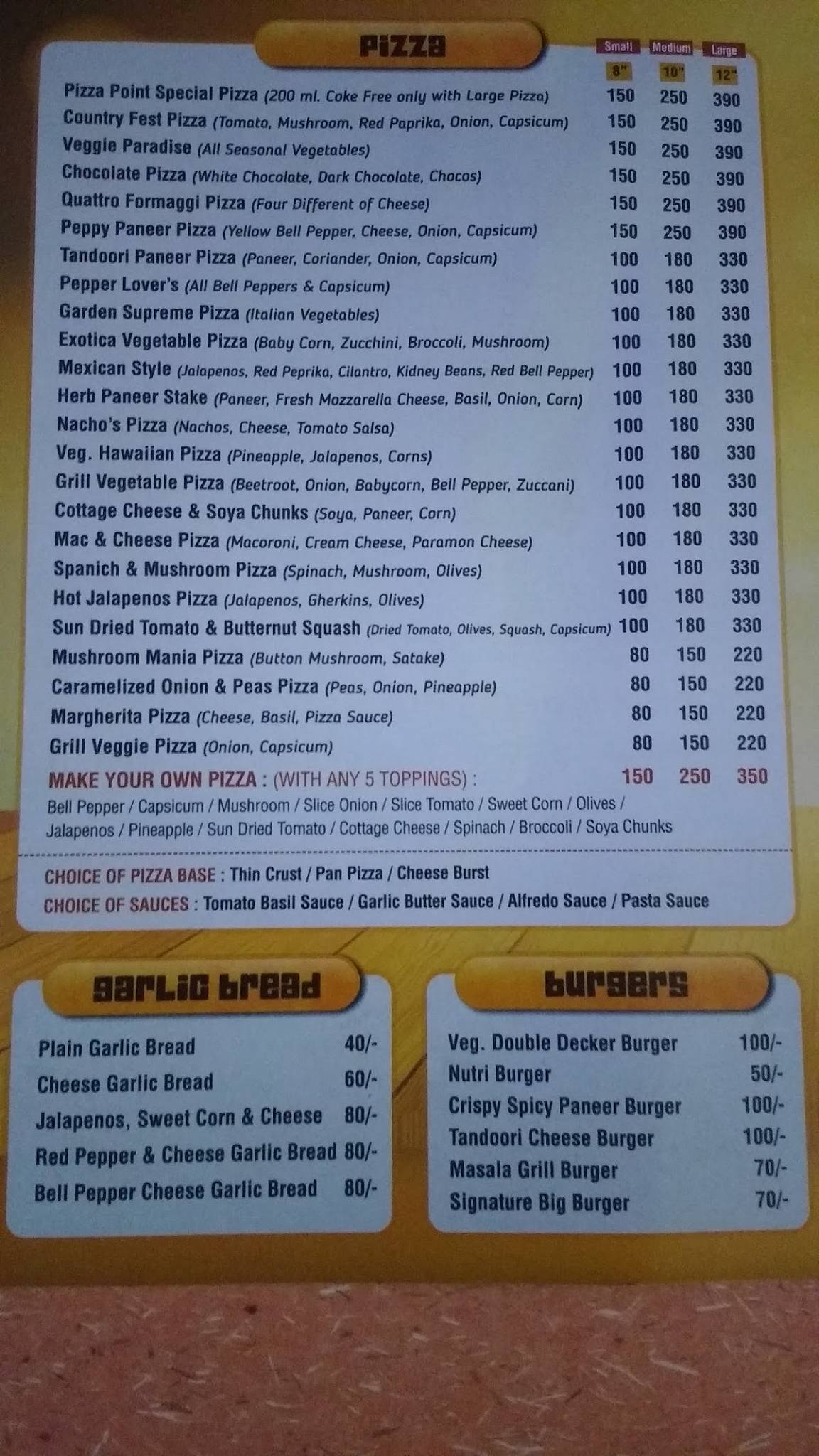 Menu at Pizza Point, Nangal