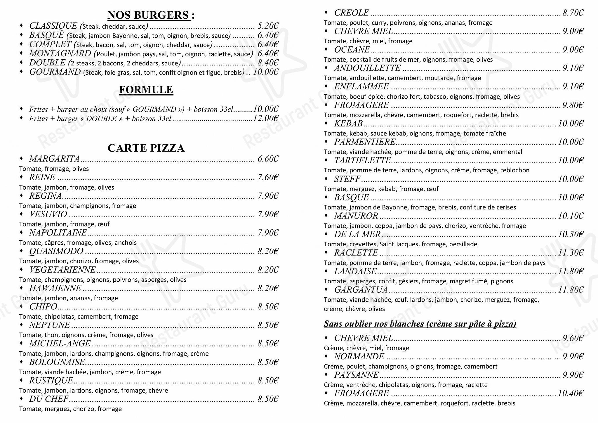 Carta de pizzería Pizza Steff, Rion-des-Landes