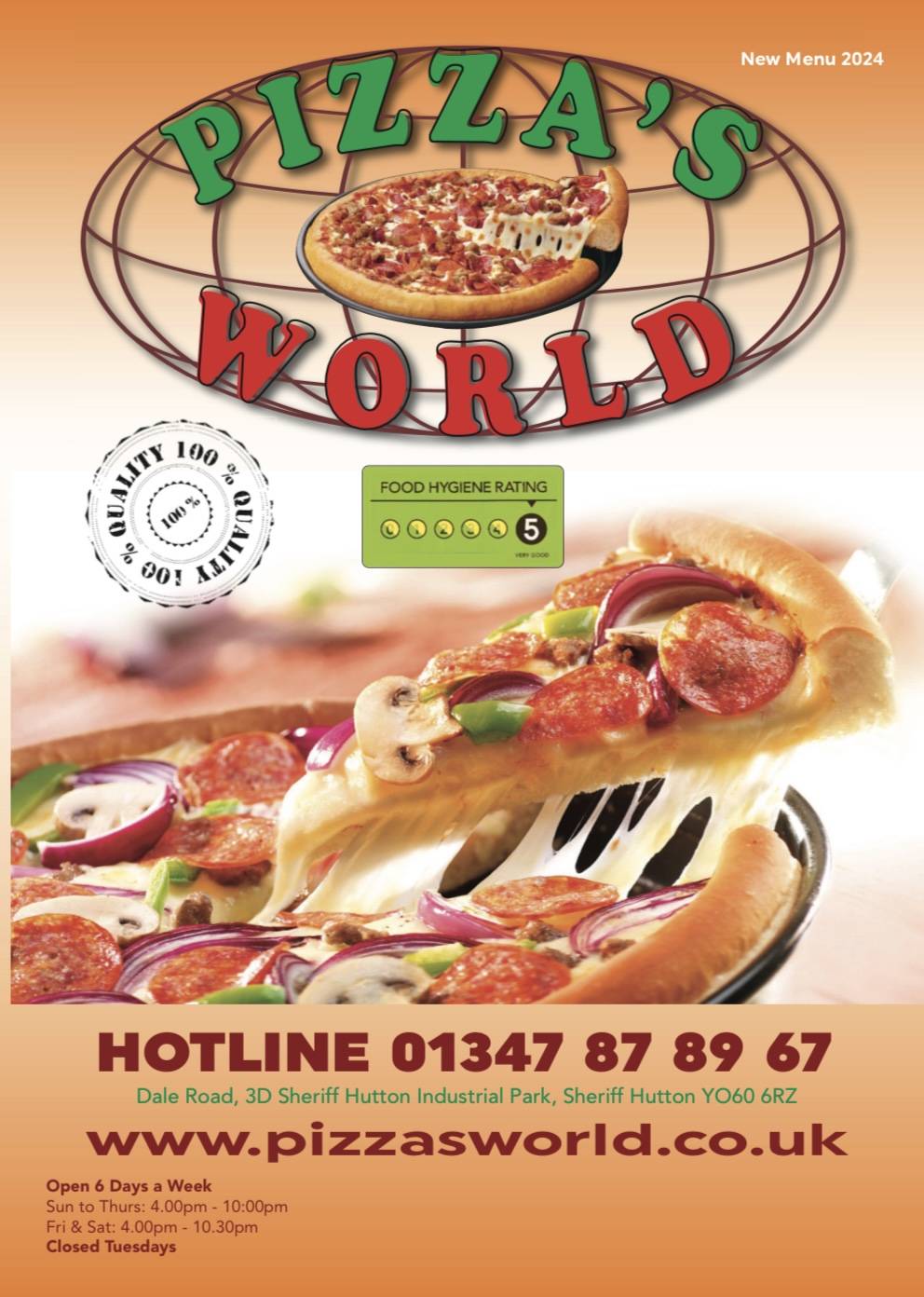 Menu at Pizza’s World restaurant, Sheriff Hutton
